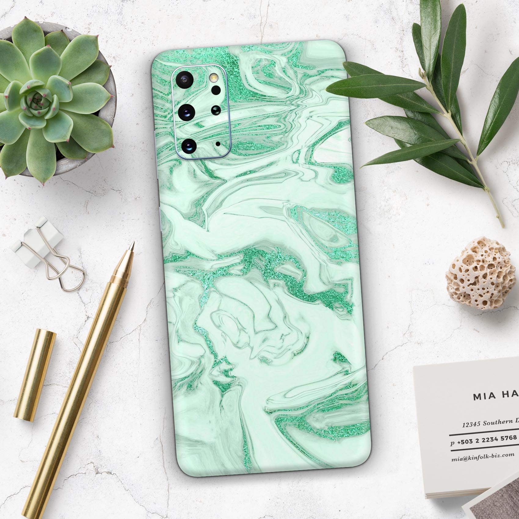 DesignSkinz Mint Marble & Digital Gold Foil V6 Protective Vinyl Decal Wrap Skin Cover Compatible with The Samsung Galaxy S20 (Screen Trim & Back Glass Skin)