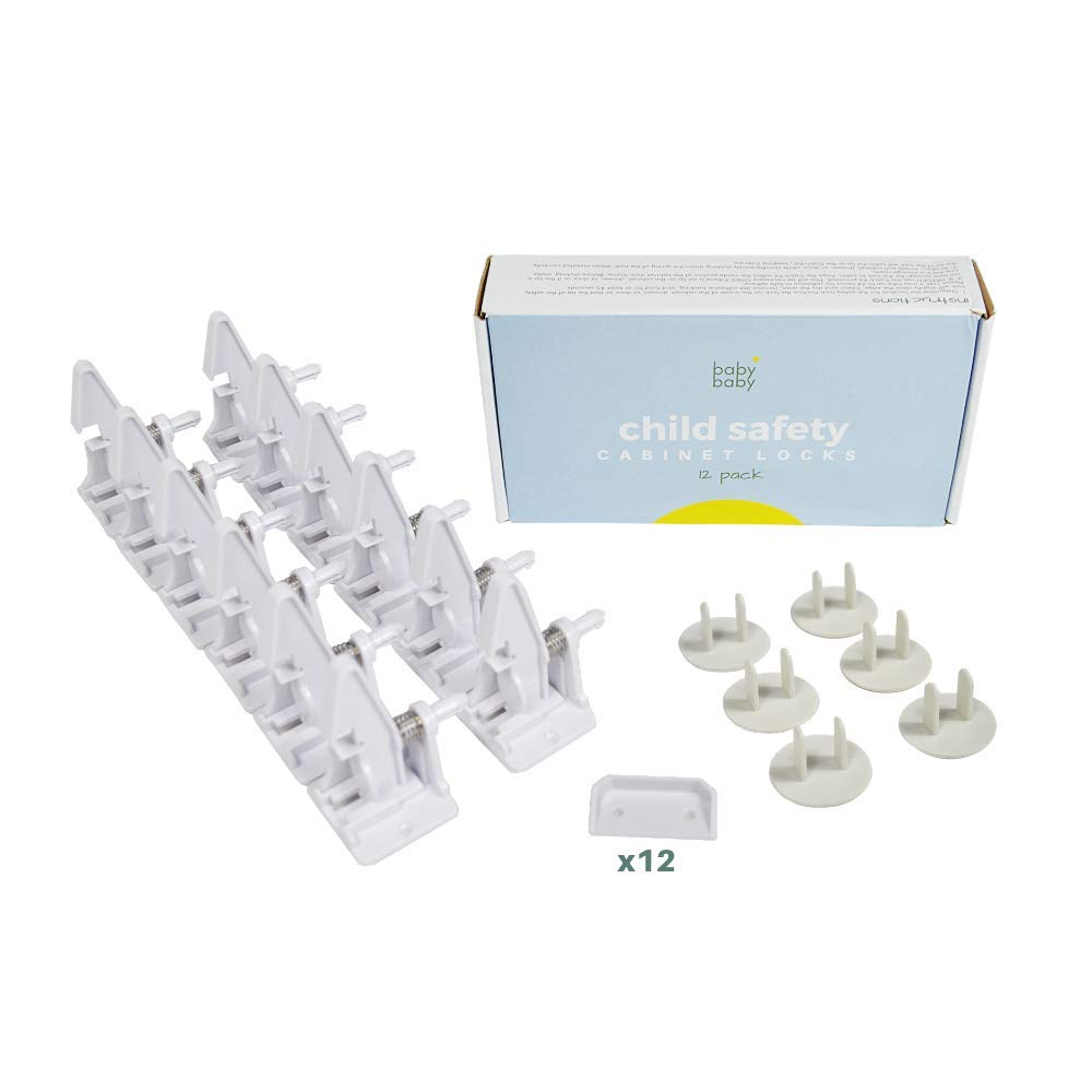 Baby Proofing Cabinet Locks (12 Pack) Includes Drawer Latch + 6 Wall Plug Covers - Adhesive Easy Installation Cabinet Locks For Babies (White)
