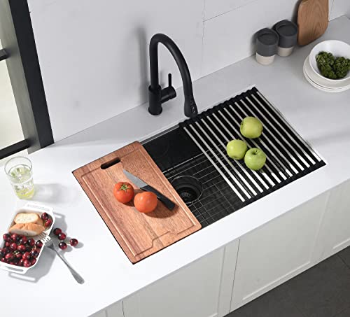 33 Black Undermount Kitchen Sink, 33x19x10 Inch 16 Gauge Black Stainless Steel Single Bowl Workstation Kitchen Sinks With Accessories BL34