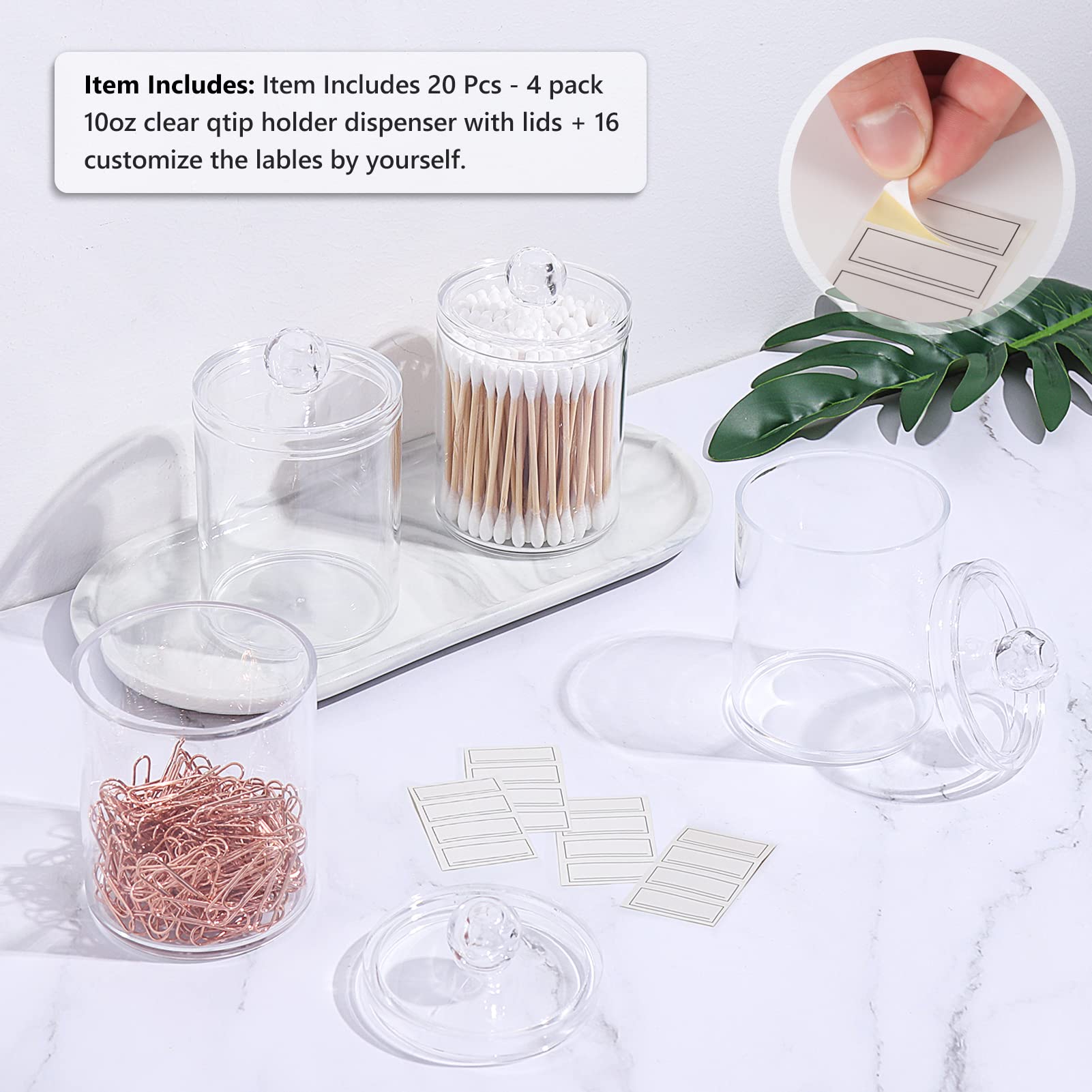 4 Pack Qtip Holder Dispenser for Cotton Ball, Round Swab Holder, Acrylic Clear Apothecary Jars for Bathroom Canister Accessories Storage Organizer