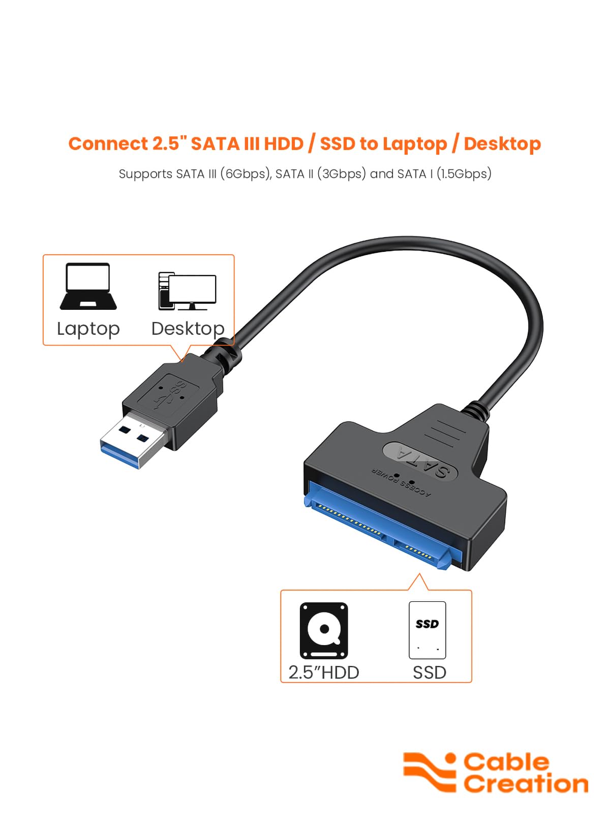 CableCreation SATA to USB 3.0 Cable, USB 3.0 to SATA Adapter, Compatible with 2.5" SATA III HDD&SSD Hard Disk Driver, 0.5FT, Black-External HDD Converter for Data Transfer
