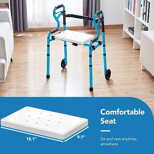 4 in 1 Folding Walker with Detachable Seat by Health Line Massage Products, Width Adjustable Folding Walkers with 5β Wheels and Extra 2 Skis, Compact Adults Walker for Seniors Support Up to 350lbs