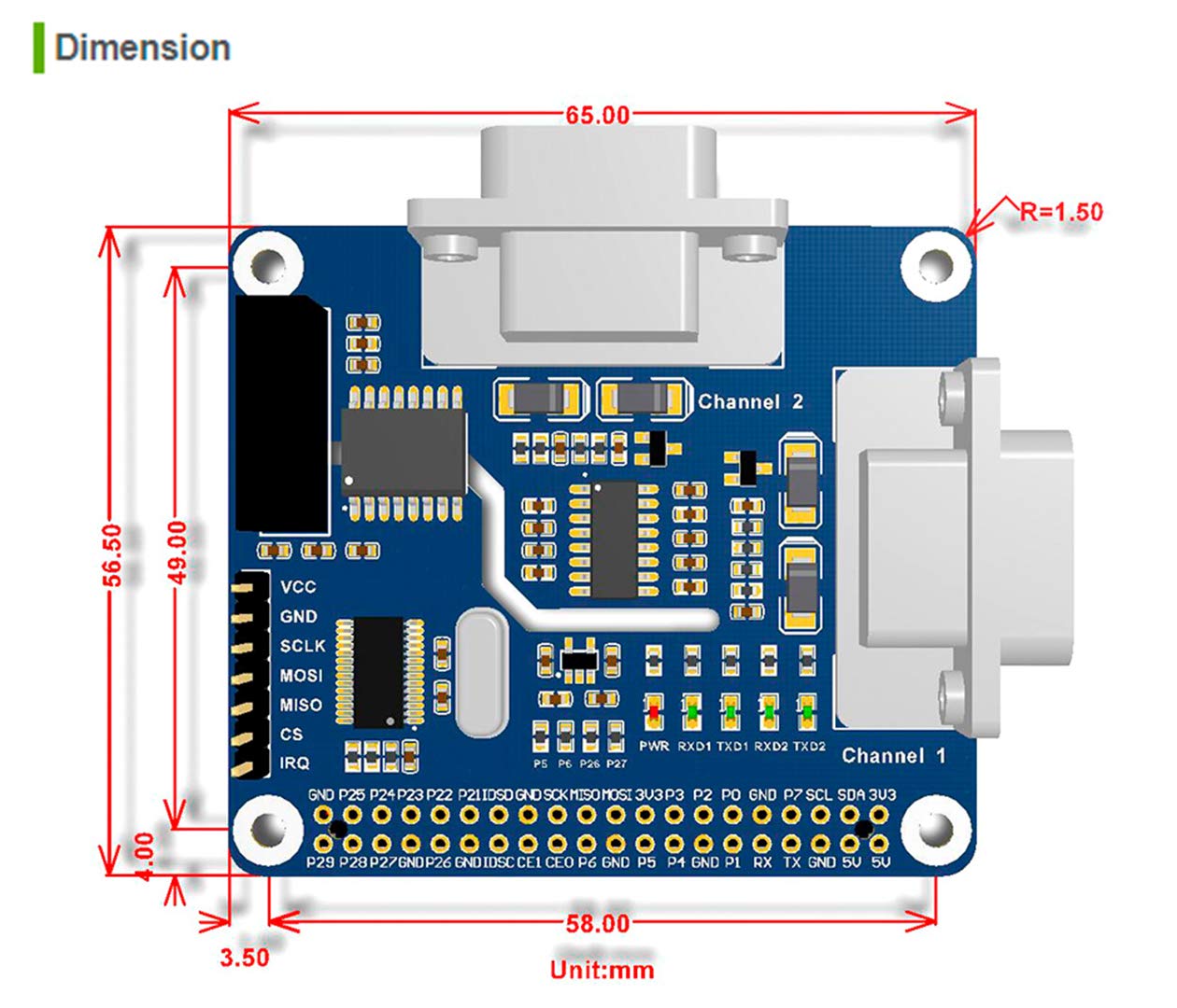 2-Channel Isolated RS232 Expansion HAT for Raspberry Pi 4B/3B+/3B/2B/B+/A+/Zero/Zero W, SC16IS752+SP3232 Dual Chip Convert SPI to RS232 Data Rate up to 921600bps Embed Multi Protection Circuits