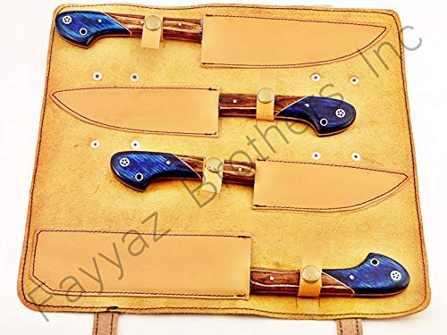 Custom Hand Made Damascus Steel Kitchen Knives Set/Chef Knives Set/BBQ Knife 4-Pieces Set FBK-01041, 01043, 01052, 01055, 01058, 01062 and 01063 (Cognac and Blue Colored Wood)