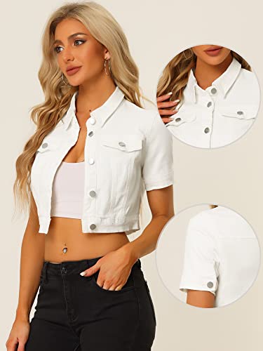 Allegra K Casual Jacket for Women's Short Sleeves Crop Jean Denim Jacket Small White