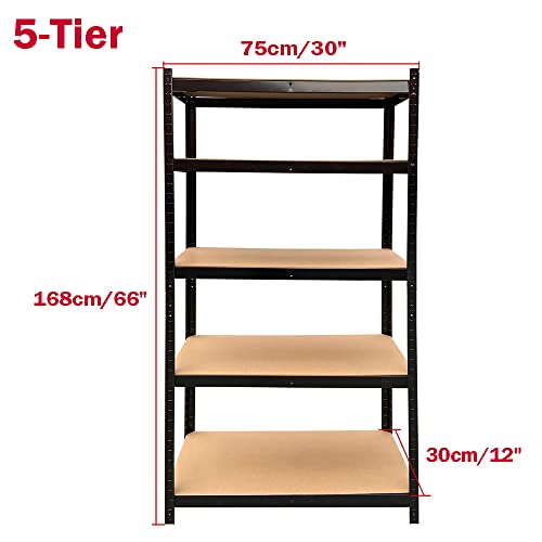 AUTOFU 5-Tier Utility Shelves, Garage Shelving Unit, Metal Storage Shelves, Adjustable Storage Racks, Heavy Duty Shed Shelf, Kitchen Racking - Black, 66" x 30" x 12"