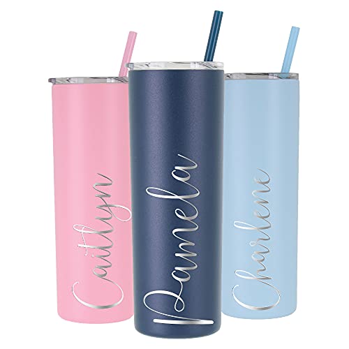 AVITO Personalized Tumbler - Laser Engraved - 20 oz Stainless Steel Skinny Tumbler - Includes Straw and Lid - Vacuum Insulated - Personalized Gift for Bridal Party, Birthday, Teacher Gift