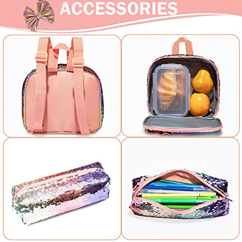 Bowknot Rolling Backpack for Girls Roller Backpacks with Wheels Kids Wheeled Sequin Suitcase Trolley Trip Luggage for Elementary School Student with Lunch Box Pencil Case for Kids 5-12 Years Old