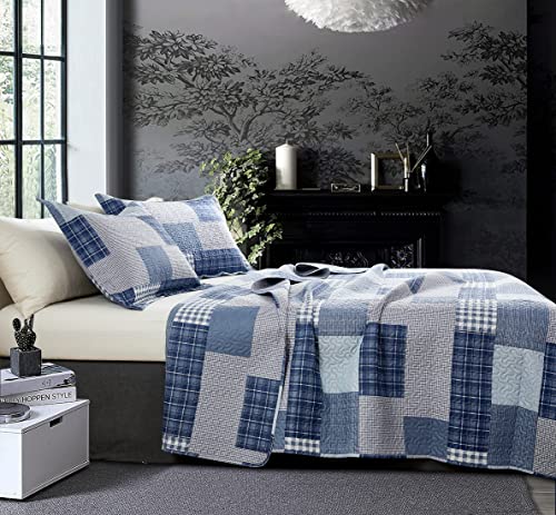 Bedspread Set Queen/Full Size Plaid Quilt Bedding Queen Grey Blue Patchwork Modern Lightweight Quilt Bedspread Home Reversible Coverlet-Soft Polyester 3 Piece Quilt Set Collection