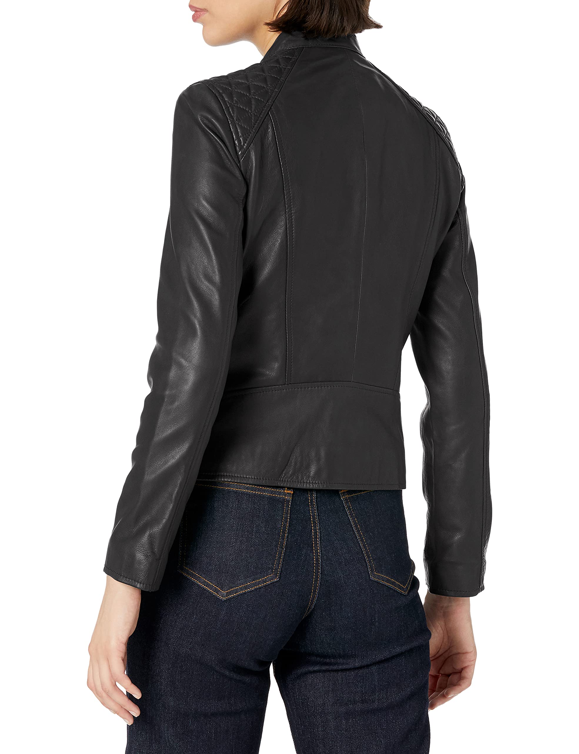 Andrew Marc Women's Goldie Racer Leather Moto Jacket, Black, X-Large