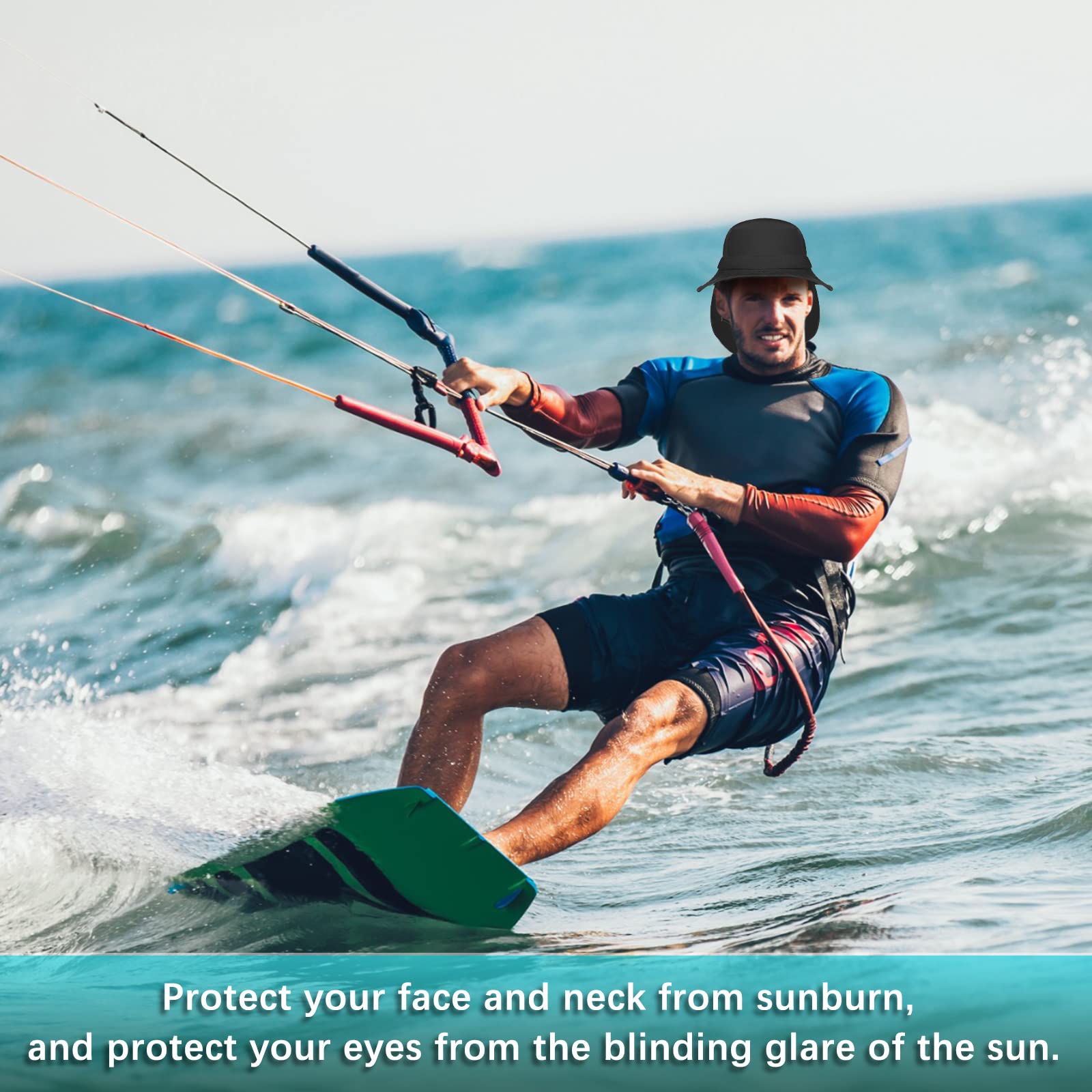 2 Pieces Sun Protection Cap for Men Sun Protection Cap with Neck Flap Chin Straps Brim for Fishing Hat (Elegant Style) Black