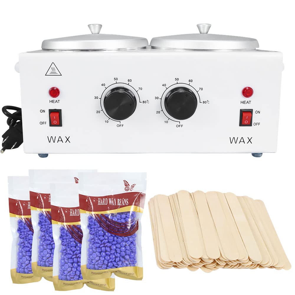 Double Wax Warmer Kit, Professional Dual Waxing Pot with 4 Pack Wax Beans 100pc Wooden Sticks,110V Electric Heater Machine for Hair Removal Home/Salon/SPA Adjustable Temperature