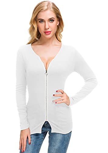Afibi Women V Neck Zip Front Long Sleeve Casual Top Blouse Shirt/Cardigan (Large, White)