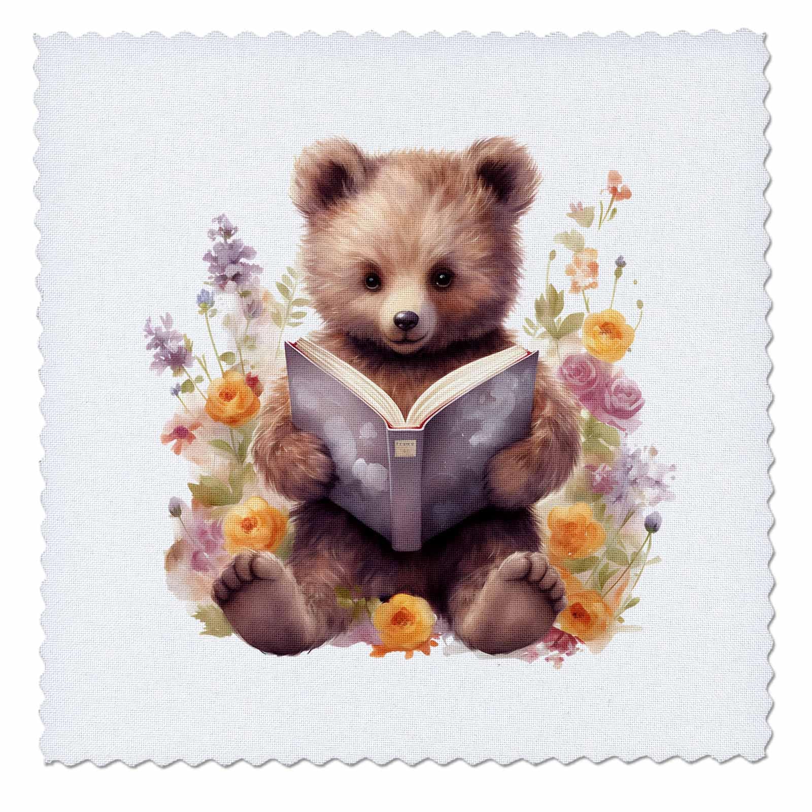 3dRose Cute Floral Bear Reading A Book Illustration - Quilt Squares (qs-384100-2)