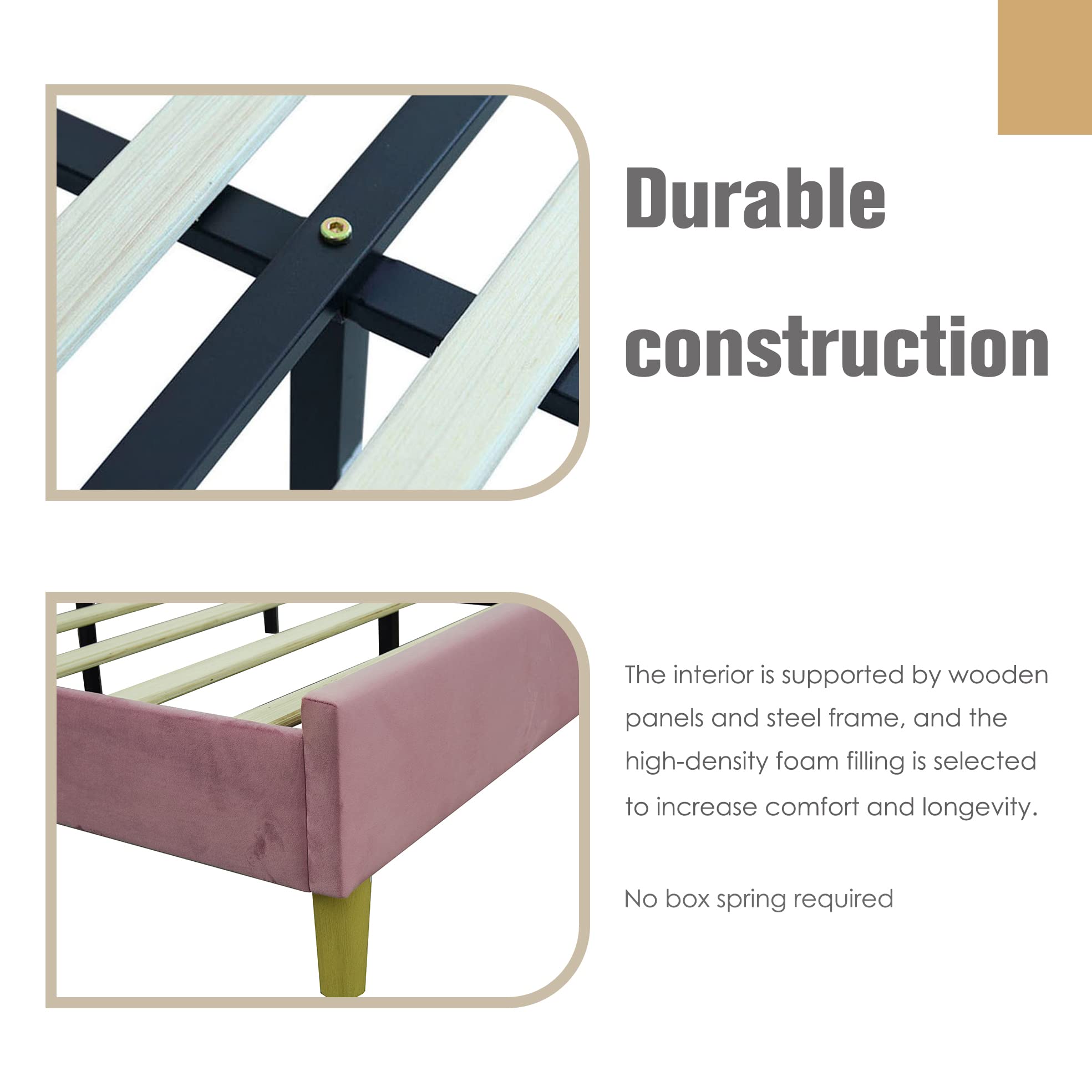 AGARTT Upholstered Platform Bed Frame Twin Size with Headboard and Footboard/Wooden Slats Support/No Box Spring Needed/Easy Assembly,Pink Velvet