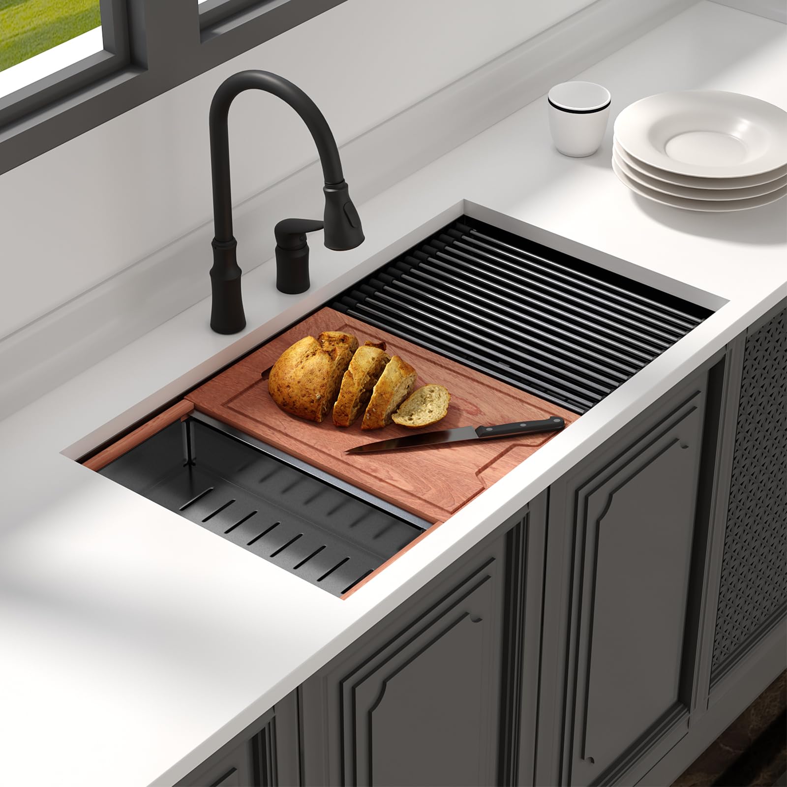 33 Kitchen Sink Black Stainless - Lordear 33 Inch Undermount Sink Ledge Workstation Gunmetal Black Stainless Steel 16 Gauge Single Bowl Under Counter Kitchen Sink Basin with Accessories