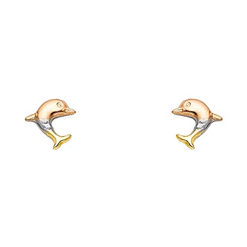 14k REAL Tri Color Gold Dolphin Stud Earrings with Screw Back