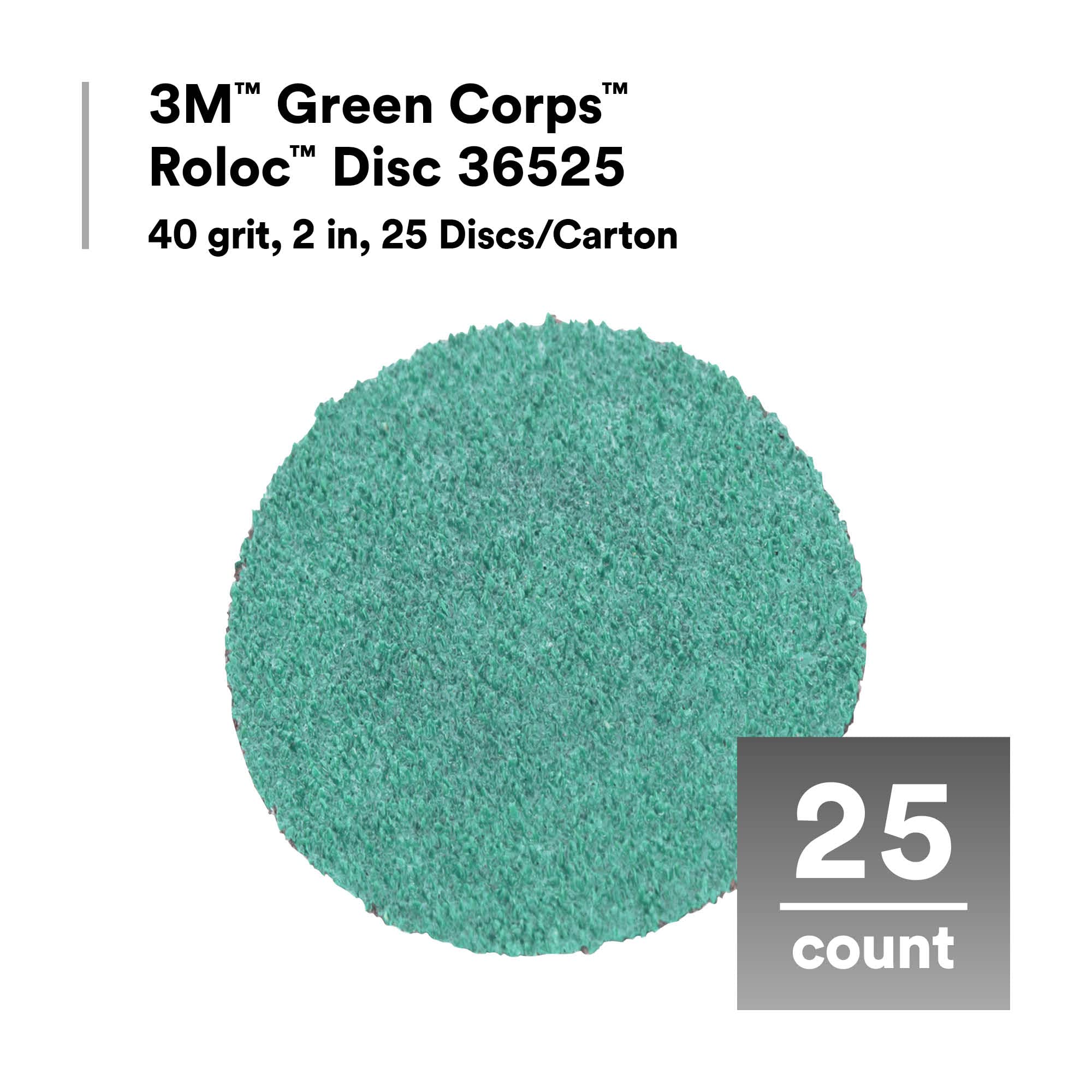 3M Green Corps Roloc Disc 36525, 40+ Grit, 2 in, Pack of 25 Heavy Duty, Quick Change Discs for Grinding, Coating Removal, Fast Cutting