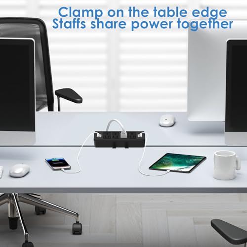 4 Outlet Desk Clamp Power Strip with USB Ports,Removable Desk Edge Mount Power Strip,4 USB Ports,Clamp on Desk Power Station,6ft Cord,Fit 1.7" Tabletop