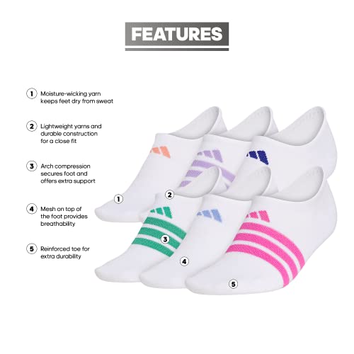 adidas Women's Superlite Super No Show Socks (6-pair), White/Lucid Fuchsia Pink/Blue Fusion, Medium