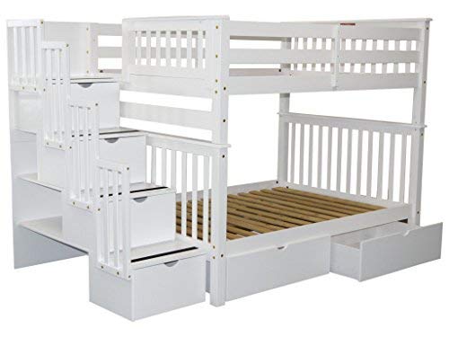 Bedz King Stairway Bunk Beds Full over Full with 4 Drawers in the Steps and 2 Under Bed Drawers, White