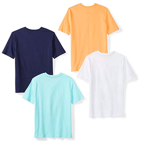 Amazon Essentials Boys' Short-Sleeve V-Neck T-Shirt Tops (Previously Spotted Zebra), Pack of 4, Navy/Blue/White, Dinosaur, Medium