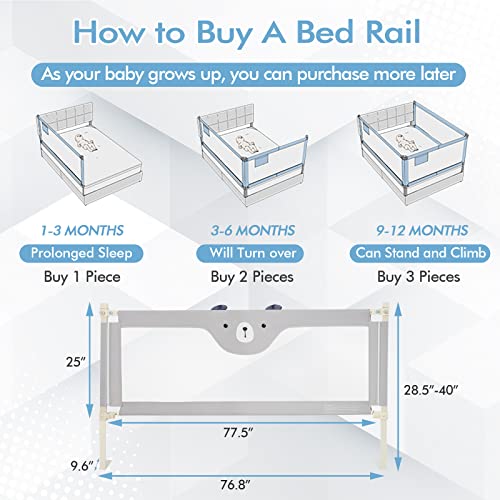 BABY JOY Bed Rail for Toddlers, 77’’ Extra Long, Height Adjustable & Folding Baby Bed Rail Guard w/Breathable Mesh & Double Safety Child Lock for Kids Twin Double Full Size Queen King Mattress (Gray)