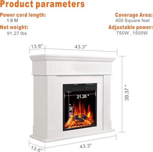 44" Electric Fireplace with Mantel Package Freestanding Fireplace Heater Corner Firebox with Log & Remote Control,750-1500W,Pearl White