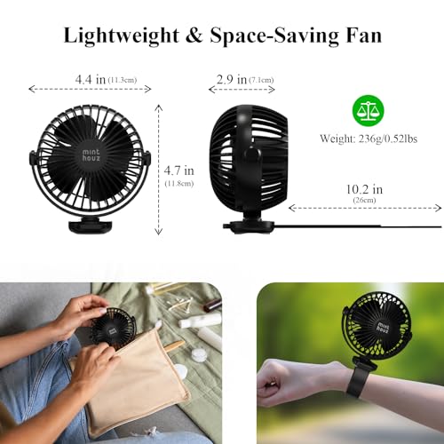 Minthouz Stroller Fan with Flexible Strap, 2000mAh Rechargeable Portable Fan 3 Speeds Personal Fan USB Mini Cooling Fan for Baby/Stroller/Car Seat/Bike -Black