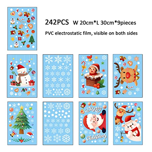 242 Pieces Christmas Window Clings for Glass Windows, 9 Sheets Christmas Window Stickers, Snowflake Window Clings Christmas Decorations, Double-Side Xmas Deer Santa Decor Decals for Party