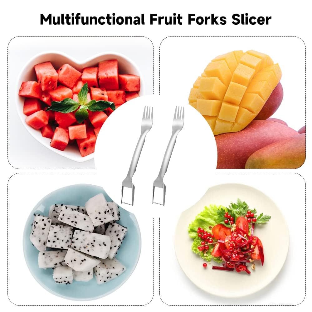 2-in-1 Stainless Steel Fruit Cutter, 2024 New Watermelon Fork Slicer Cutter Slicer Tool, 2PCS Dual Head Fruit Forks Slicer Knife for Home Kitchen Gadget(2PCS)