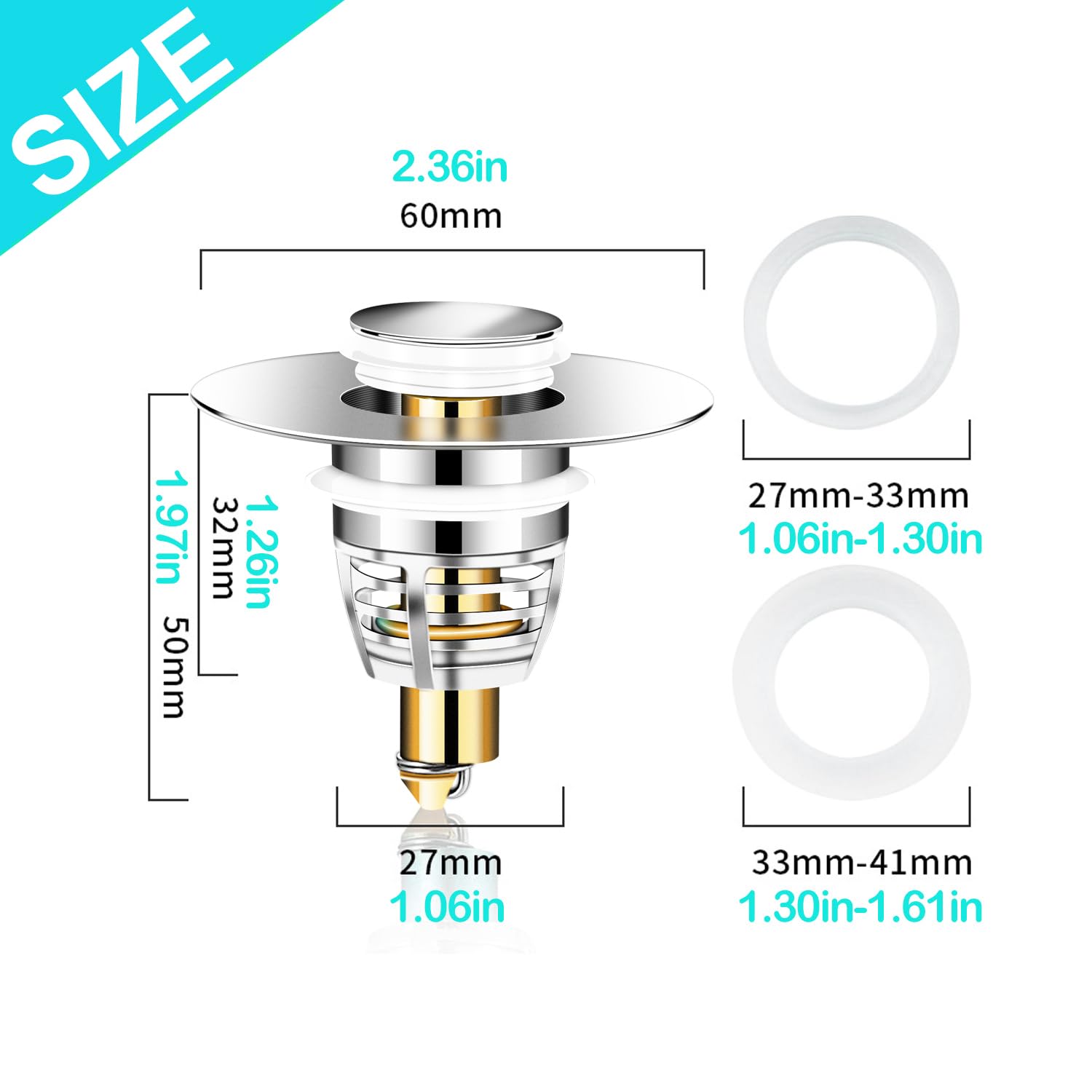2 Pack Metal Universal Bathroom Sink Stopper,Basin Pop Up Bathroom Drain Stopper Wash Basin Bounce Drain Filter,for 1.06"~1.61" Bathroom Sink,Sink Drain Strainer Cover,Kitchen Drain Plug (2 PCS)
