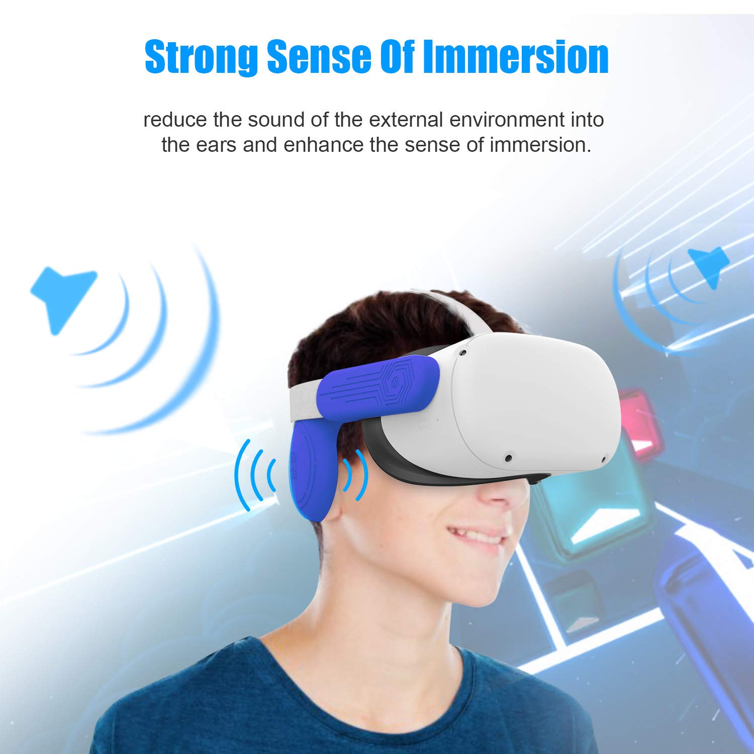 AMVR VR Silicone Face Cover & Ear Muffs for Oculus Quest 2 Headset, Sweatproof Waterproof Anti-Dirty Replacement Facial Cushion and Enhance Headset Sound Headphone Extension Cover (Blue, 1 Set)