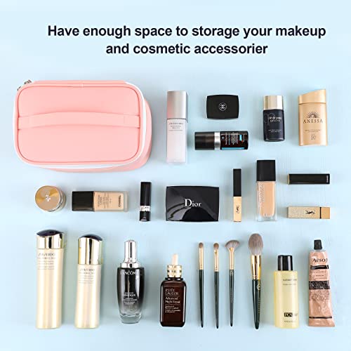 Makeup Bag Portable Travel Cosmetic Bag for Women, Beauty Zipper Makeup Organizer PU Leather Washable Waterproof (Pink)
