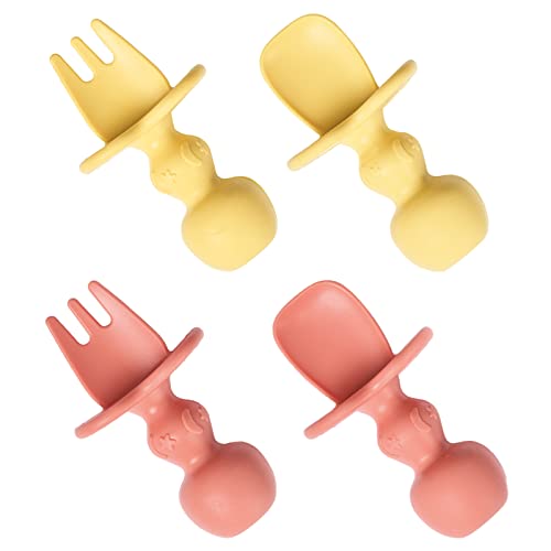 4 Pack Baby Utensils Self Feeding 6+ Months, Silicone Baby Spoons and Forks, Toddler Utensils for Baby Led Weaning, Chewable Utensils First Stage, Pink, Yellow