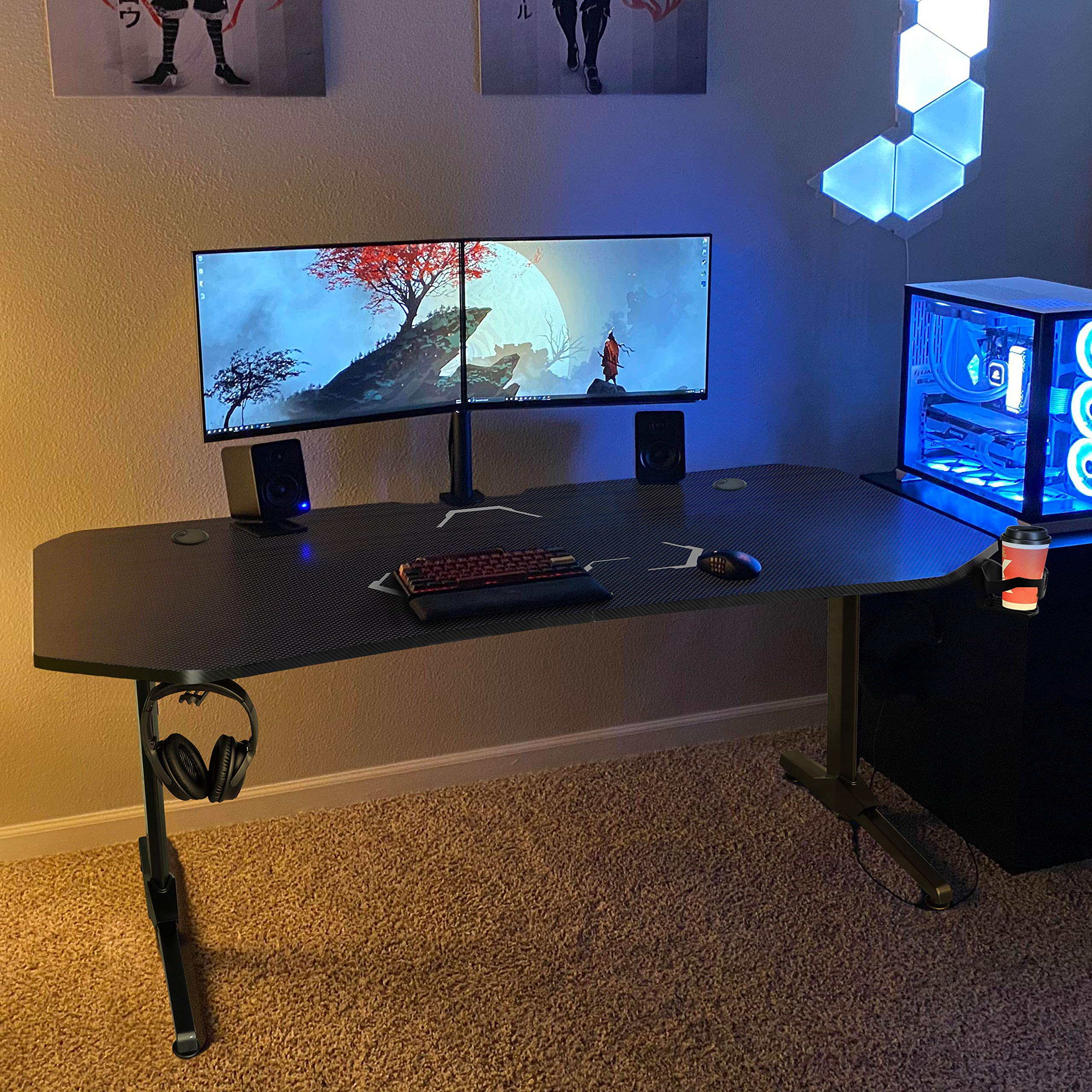 AuAg Gaming Desk 63 inch Larger Battlestation PC Computer Desk Home Office Desk Gaming Table Gamer Workstation with Full-Sized Desk Mat & Cup Holder & Headphone Hook & Powerful Cabling Management