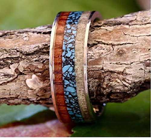 2 pc Wedding Rings Set Deer Antler Turquoise Koa Wood Stainless Steel Sterling Silver Engagement Rings (10)