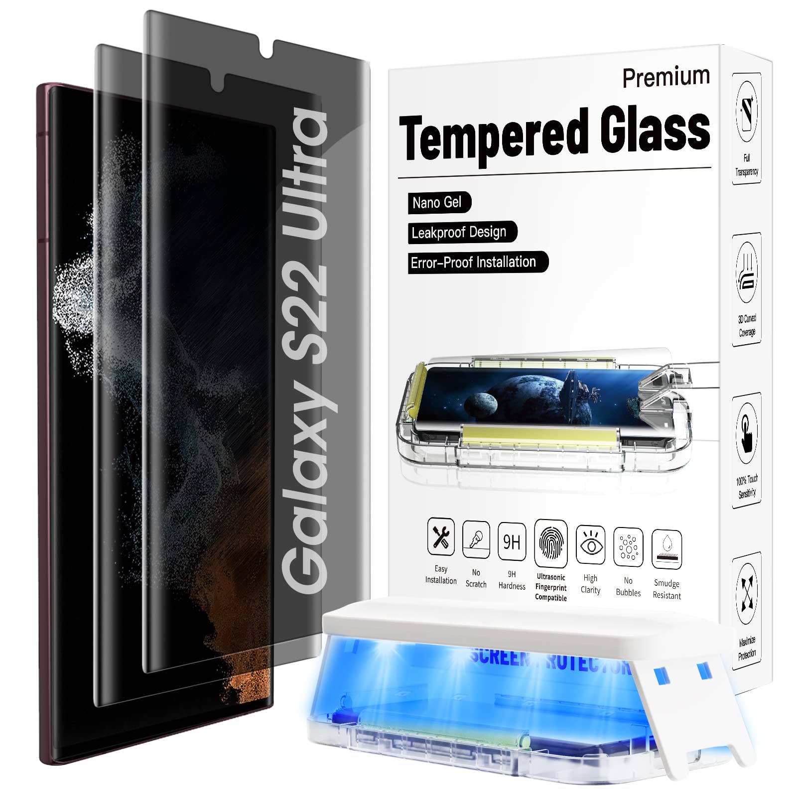 2 pcak Privacy Glass Screen Protector for Galaxy S22 Ultra 5G anti-spy Tempered Glass Shield Compatible with Fingerprint 3D Curved Full Coverage,Case Friendly for Samsung Galaxy S22 Ultra 6.8''