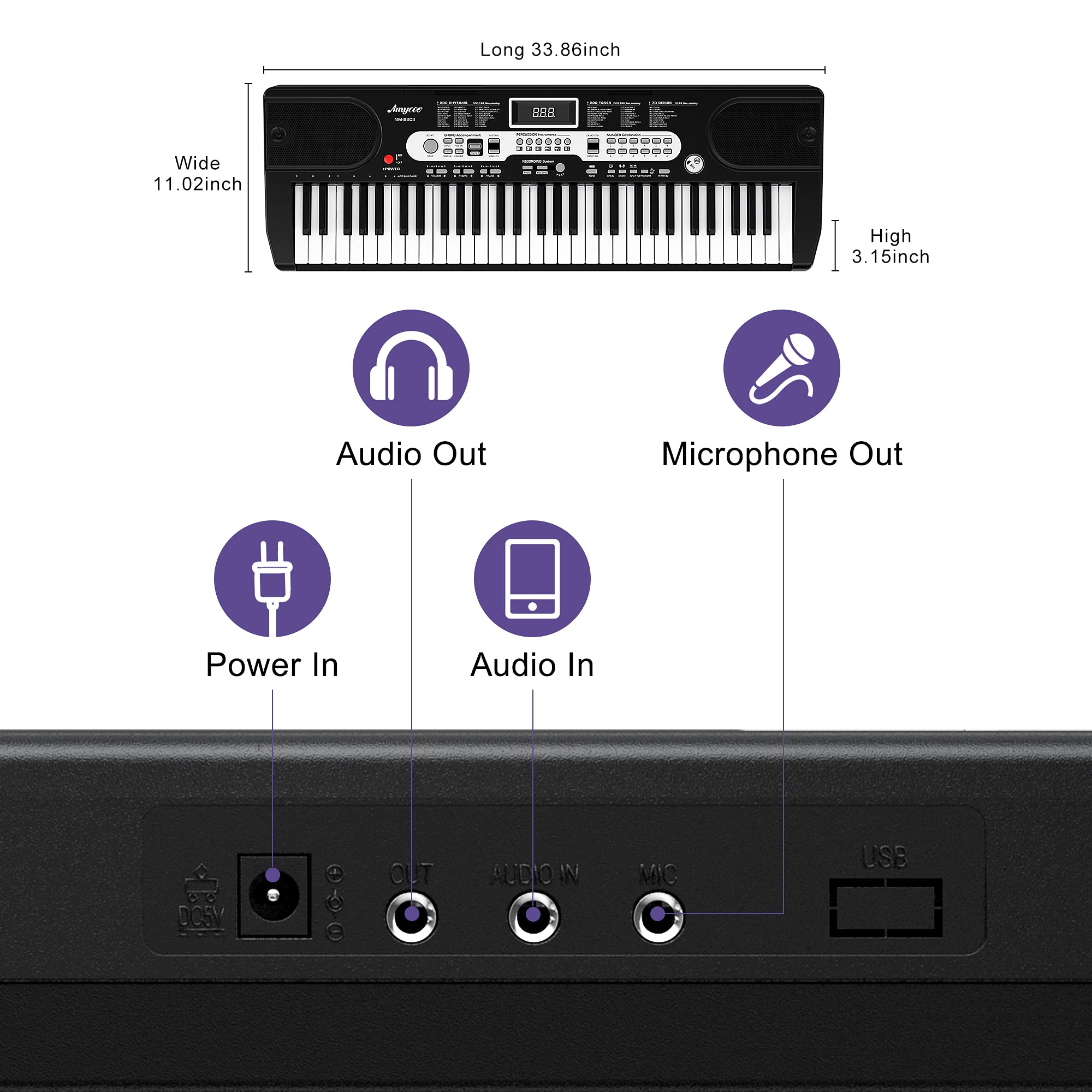 Amyove Keyboard Piano for Beginners, 61 Key Piano Keyboard with Built-In Speaker Microphone, Sheet Stand and Power Supply, Portable Keyboard Teaching for Best Birthday or Christmas Gift