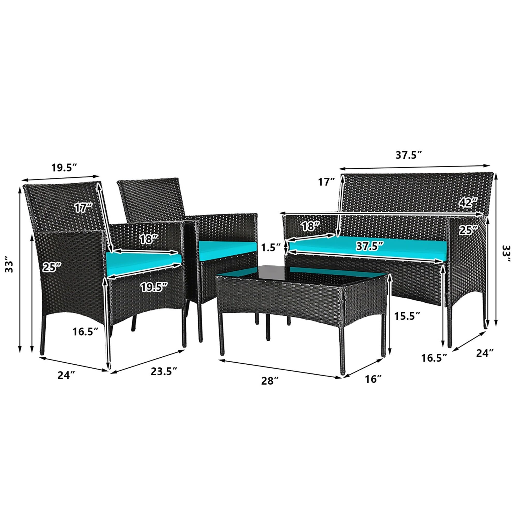 4 PCS Patio Furniture Set Rattan Sofa & Chairs Set Turquoise