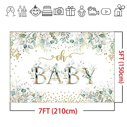 Mocsicka Greenery Baby Shower Backdrop Oh Baby Green Eucalyptus Leaves Baby in Bloom Party Decorations Gold Glitter Dots Boy Baby Shower Photography Backdrops (7x5ft)