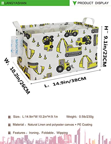 LANGYASHAN Rectangular Storage Bin Collapse Canvas Fabric Cartoon Storage Basket with Handles for Organizing Home Kitchen Boys and Girls Toys Office Closet Shelf Baskets (Rec Engineering Vehicle)