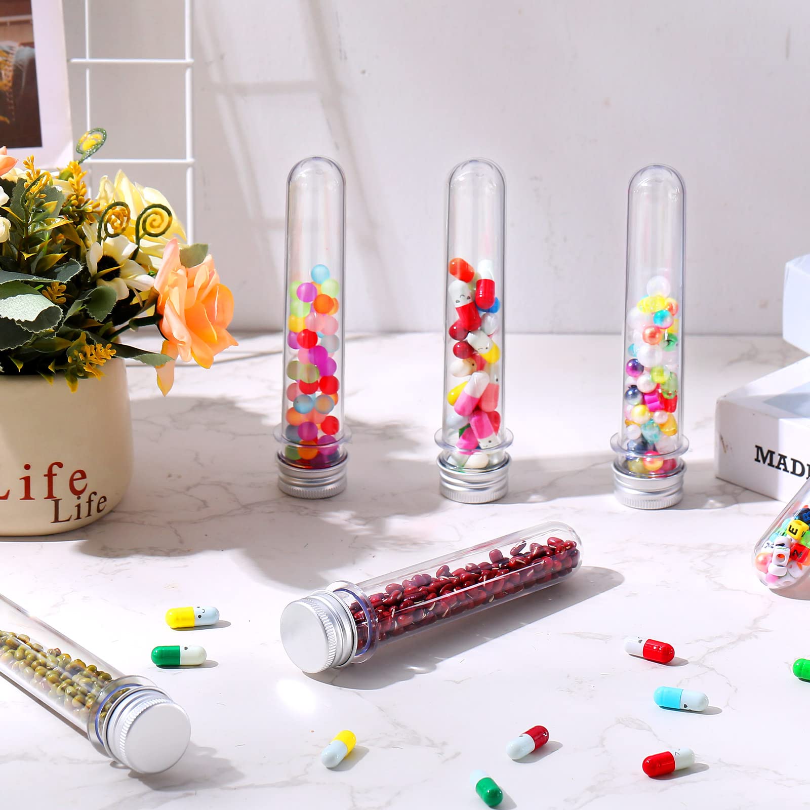 45ml Plastic Test Tubes Transparent Clear Bath Salt Tubes 25x140mm Cylindrical Aluminum Lid Plastic Vials for Candy Spice Dried Flower Storage Container Decor House Scientific Experiment (200 Pcs)