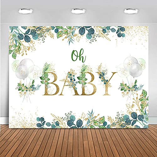 Mocsicka Oh Baby Greenery Backdrop for Boy Greenery Gender Neutral Baby Shower Photography Background Vinyl Green Leaves Baby Shower Backdrops Decorations for Boys (7x5ft)
