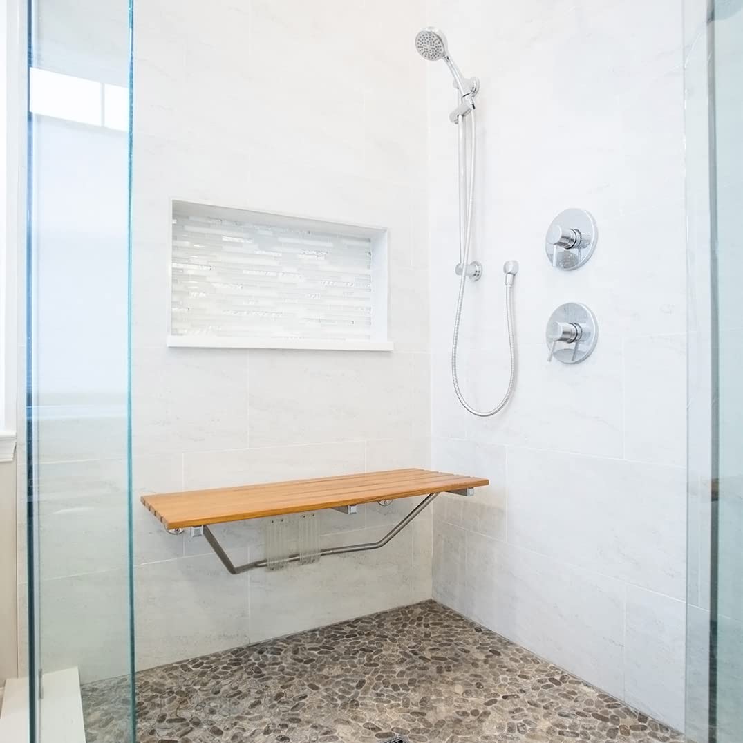 36" ADA Compliant Foldable Teak Wood Shower Seat Bench, 400lb Capacity, Clear Coated for Extra Protection, Folding Wall Mount Modern Chrome, Medical Fold Up Bathroom Stool Chair