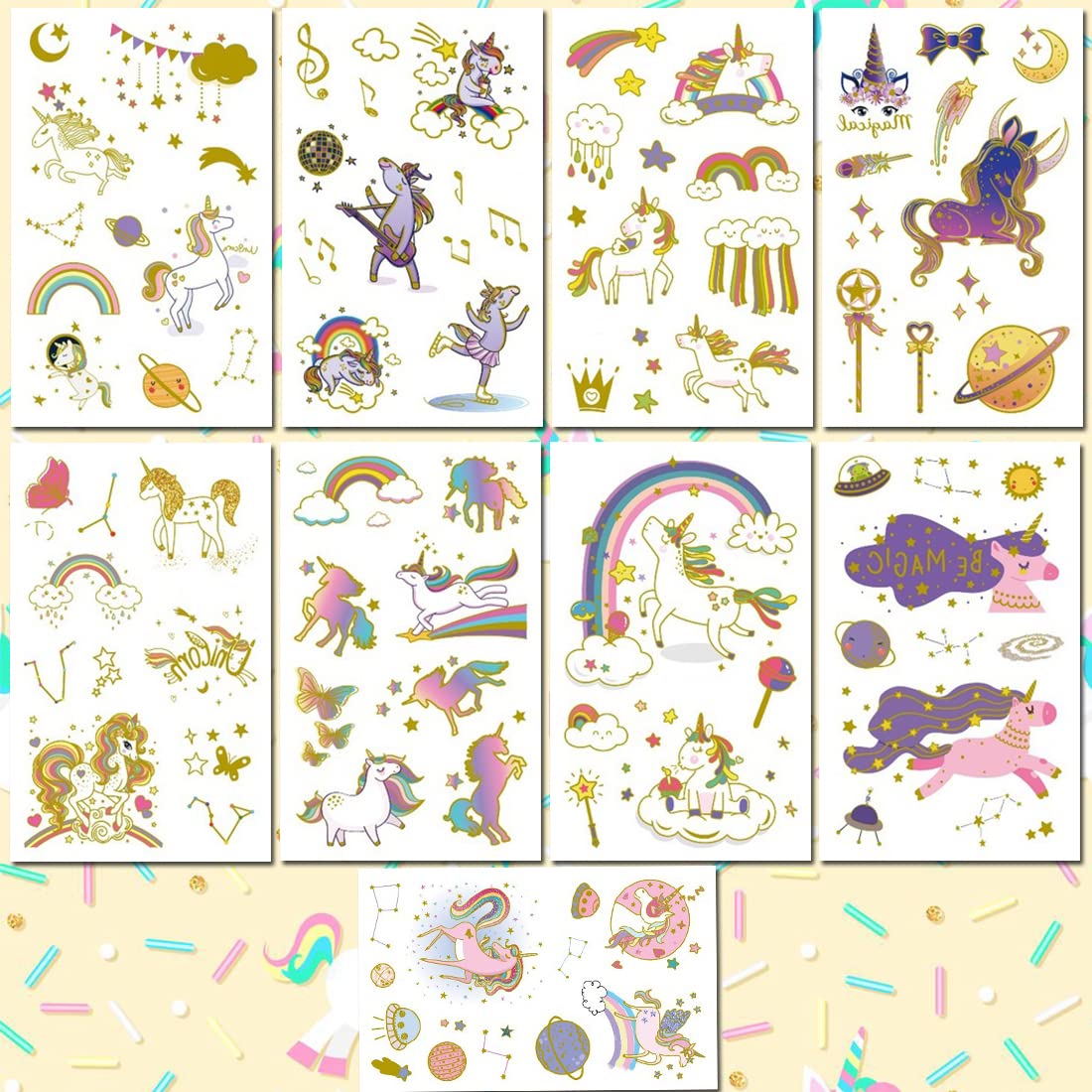 Ooopsiun Glitter Temporary Tattoos for Girls, 9 Sheets Gold Birthday Party Supplies Decorations for Kids, Fake Tattoos Stickers
