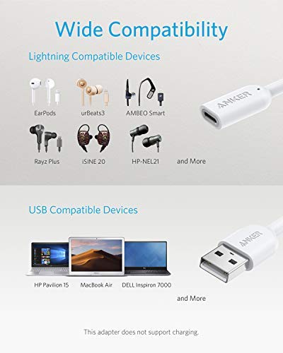 Anker USB-A to Lightning Audio Adapter Cable, MFi Certified Female Lightning Dongle, Supports Volume Control and Mic for Headphones, Earphones, Earbuds, and More.