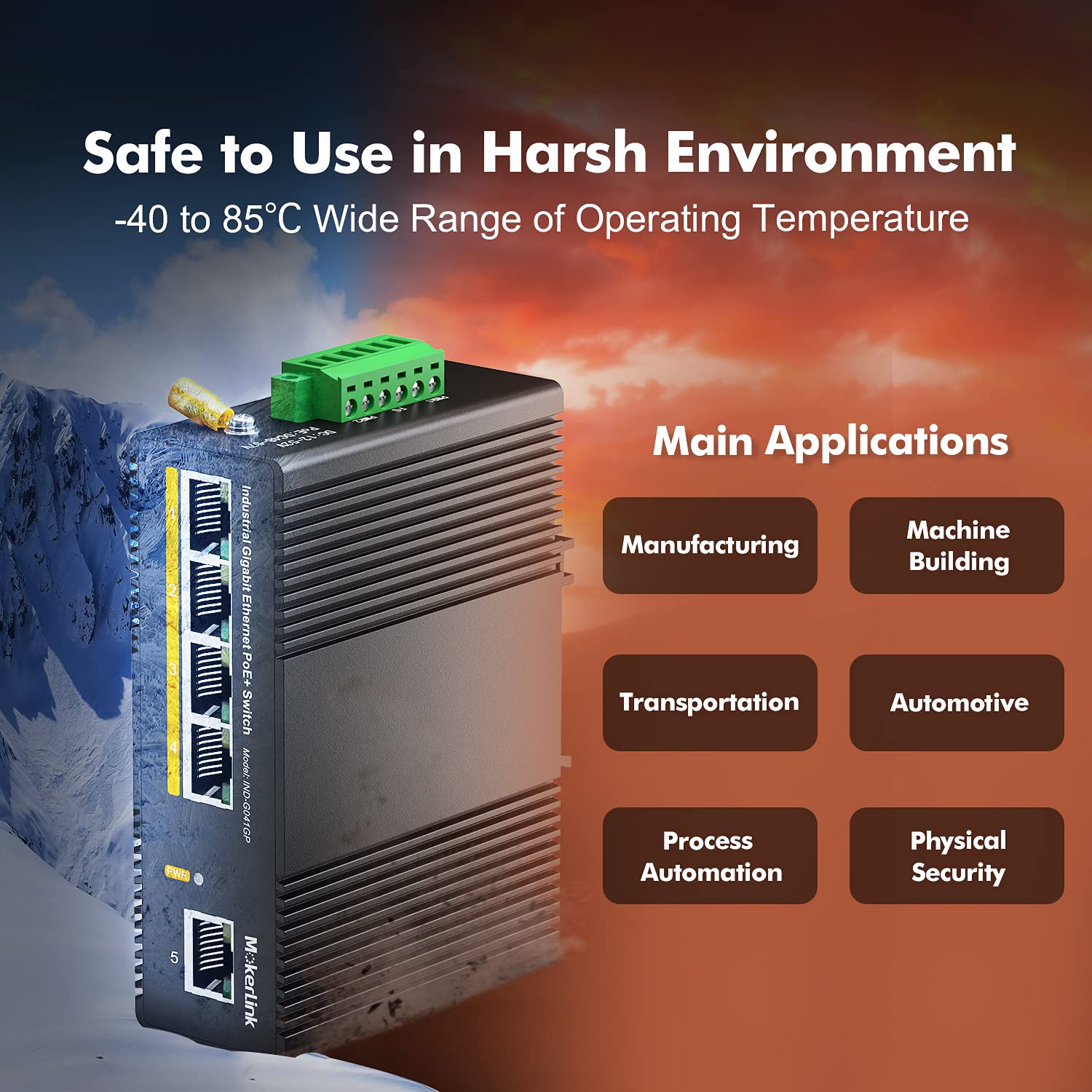 MokerLink 5 Port PoE Gigabit Industrial DIN-Rail Ethernet Switch, 14Gbps Switching Capacity, IP40 Rated Network Switch (-40 to 185°F), with UL Power Supply