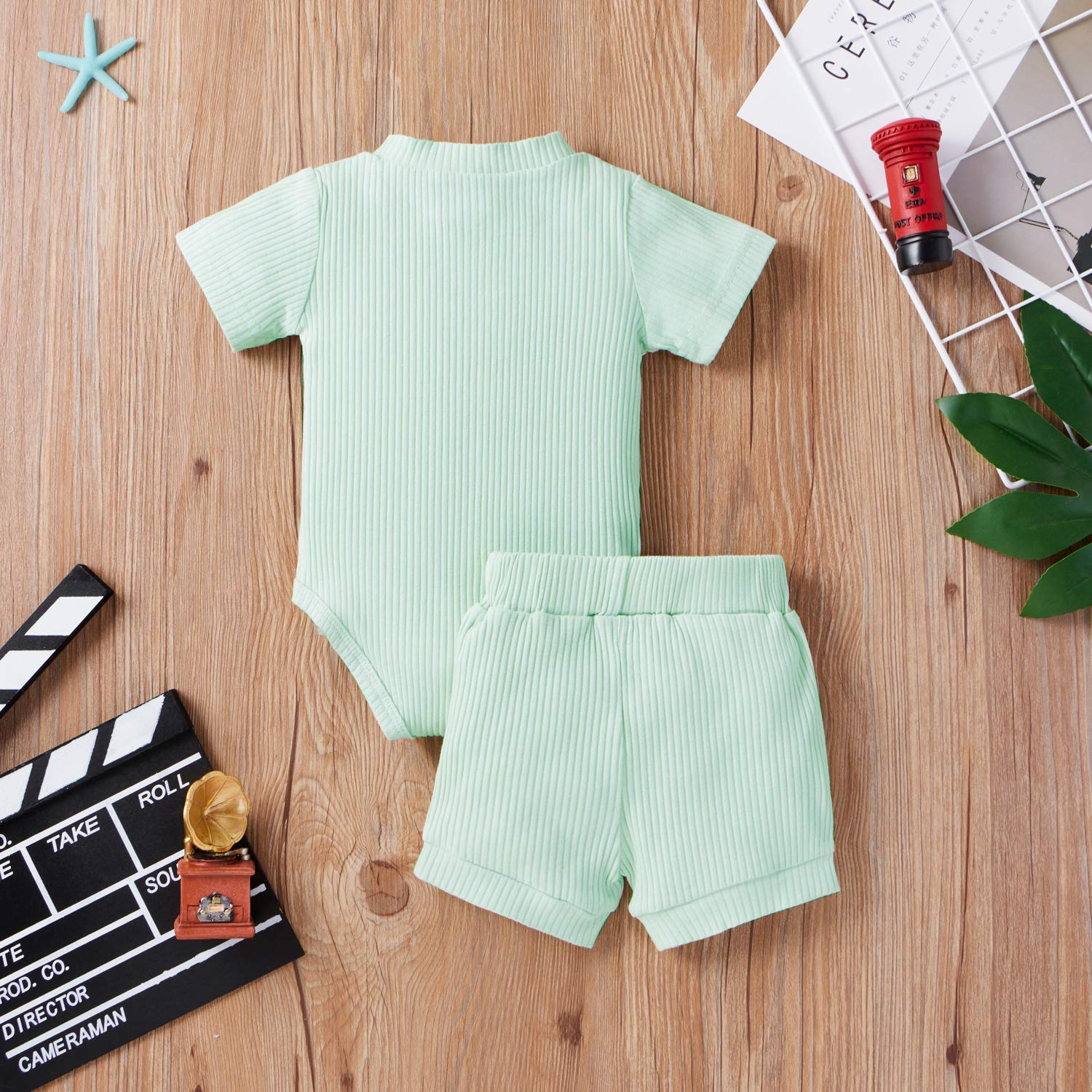 Meiweileya Newborn Baby Boy Girls Clothes Solid Ribbed Short Sleeve Romper Shorts Set Summer Outfits (Light Green, 0-3 Months)