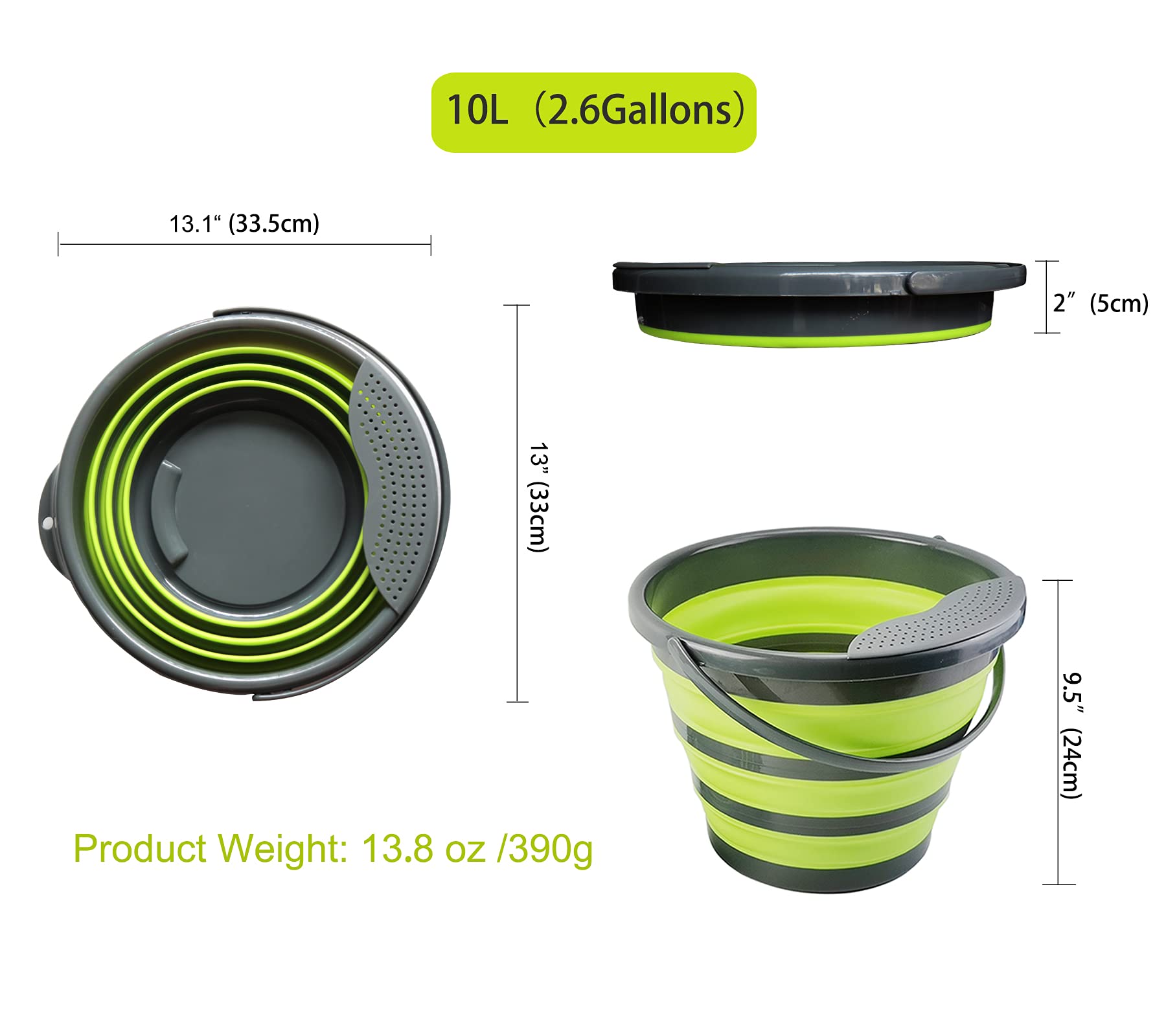 2 Pack Collapsible Bucket w/Removable Filter, 2.6 Gallon (10L) & 1.3 Gallon (5L), Folding Bucket with Handles, Portable, Lightweight, Space Saving Bucket for Camping, Gree